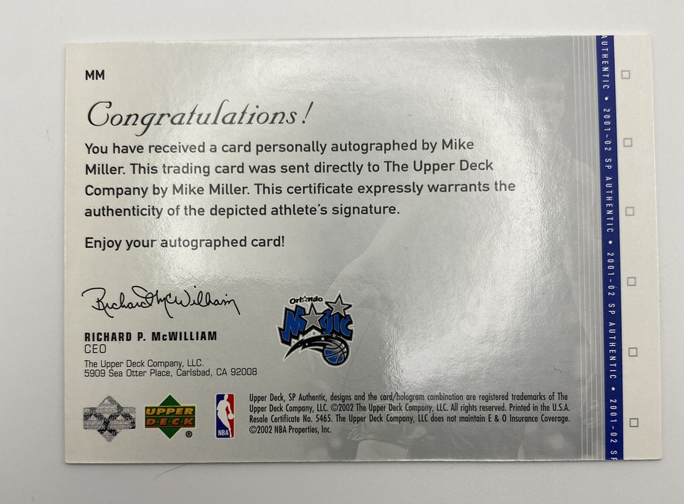 2001-02 SP Authentic Signatures #MM Mike Miller Autograph Auto /390 | eBay