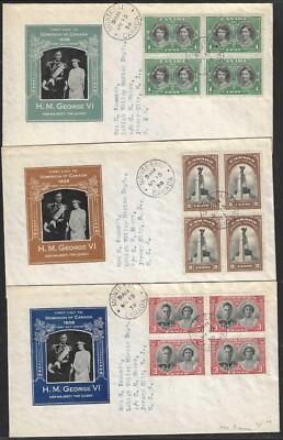 CANADA 1939 Royal Visit Set Blocks of 4 on 3 FDCs - IOOR Cachet | eBay