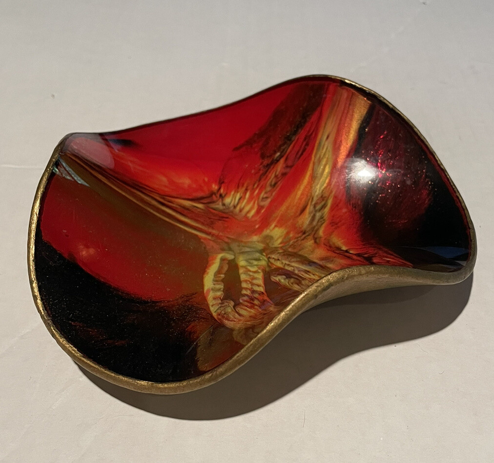 Vntg Glassware by Mayfair Leather Backed Art Glass Orange/Red/Gold Mid ...