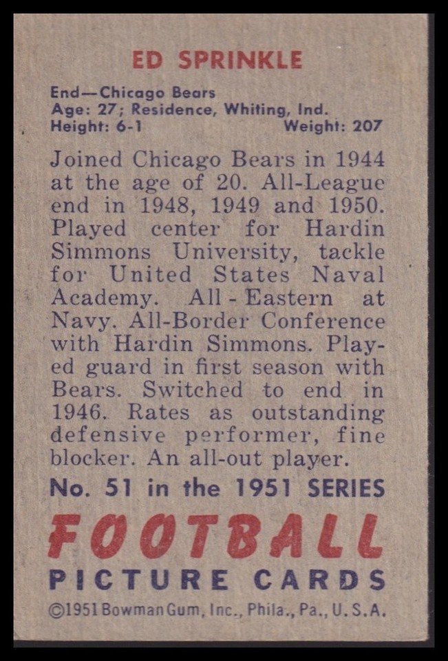 1951 Bowman Football Ed Sprinkle Rookie Card #51 HOF Chicago Bears | eBay