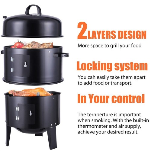 2-Tier Charcoal Smoker Grill BBQ Roaster Steel 3IN1 Outdoor Cooking ...