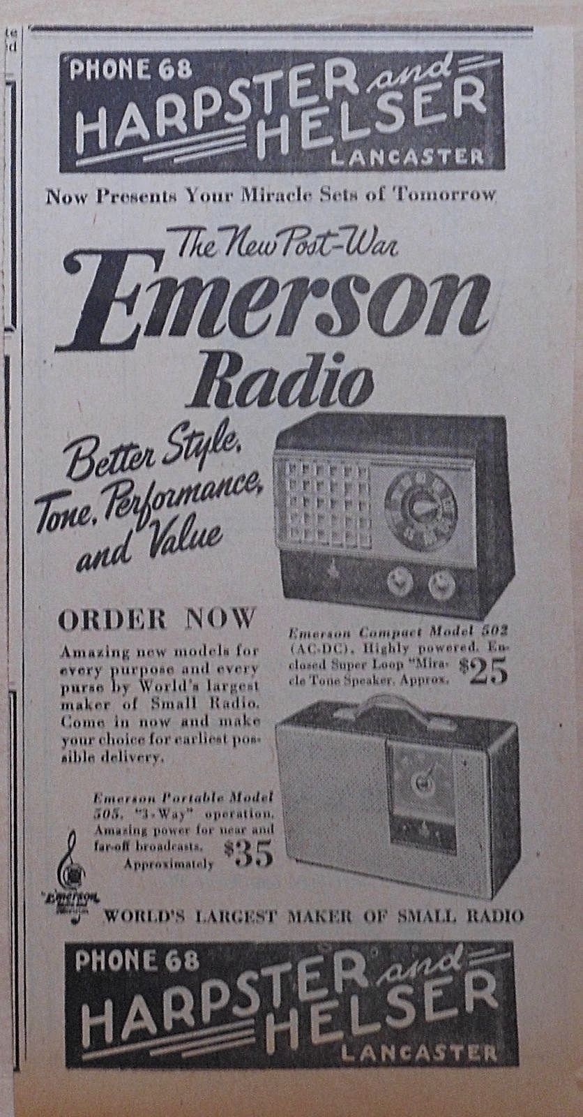 1945 newspaper ad for Emerson Radio - compact model 502, portable model ...