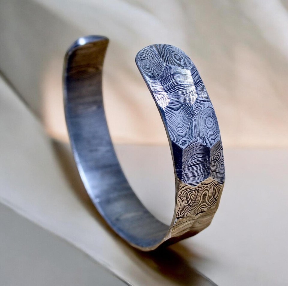 Damascus Hammered Bangle Hand Forged Steel Cuff Bracelet Viking Modern ...