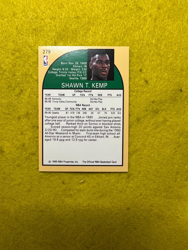 SHAWN KEMP , SUPERSONICS , 1990 HOOPS NBA BASKETBALL ROOKIE CARD 279 RC ...