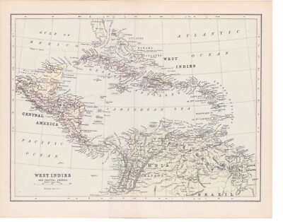 1899 Vintage "West Indies & Central America" map from an antique ...