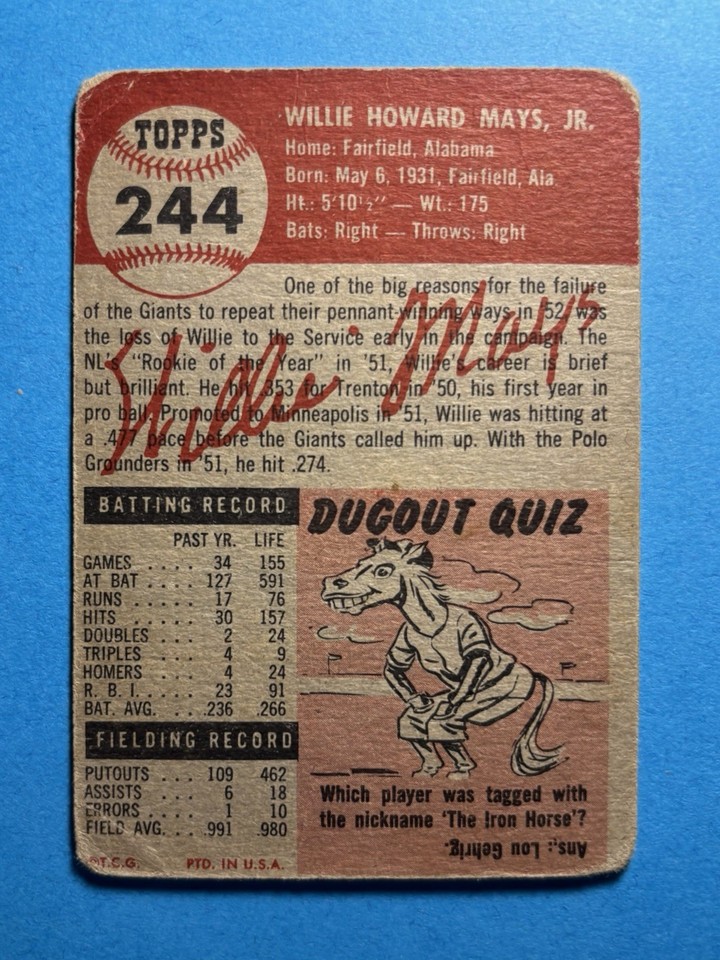1953 Topps #244 Willie Mays New York Giants. Poor/crease/mark. Rare ...