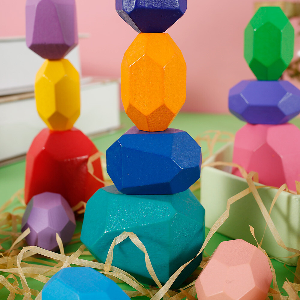 Wooden Balancing Building Blocks Colored Stones Stacking Game Rock ...