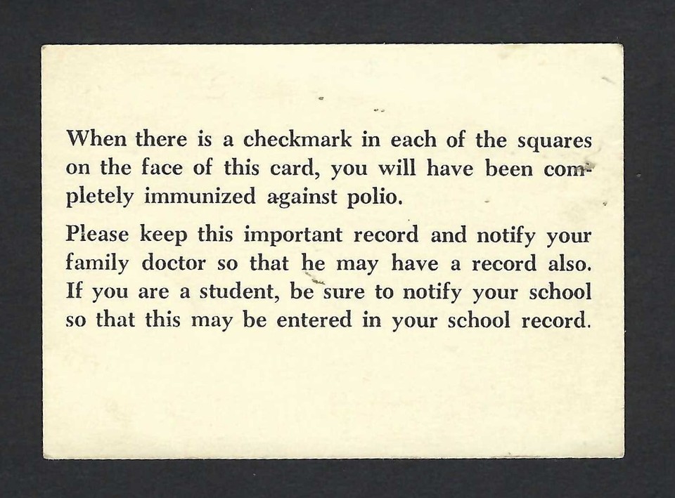 1964 Ingham Count Medical Society Polio Prevention Imunization Record ...