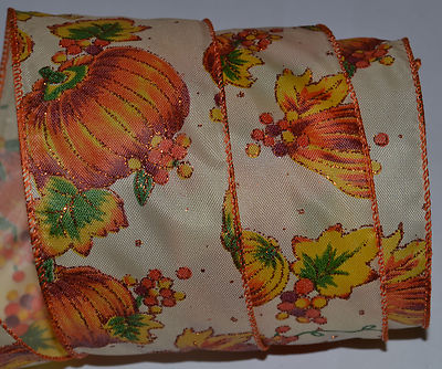 Wired Ribbon~Thanksgiving Pumpkin~Gourd~Berry~Fall Leaf~2.5"~Autumn ...