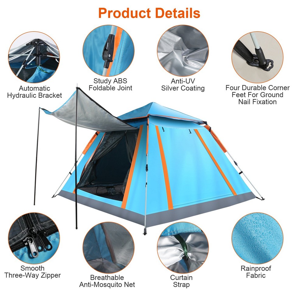 4-5 Person Camping Tent Hiking Waterproof Tents with 4 Stand Rods Nets ...