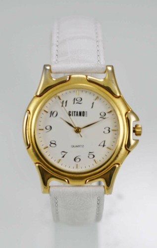 Gitano Watch Mens Stainless Steel Gold Battery White Leather Water ...