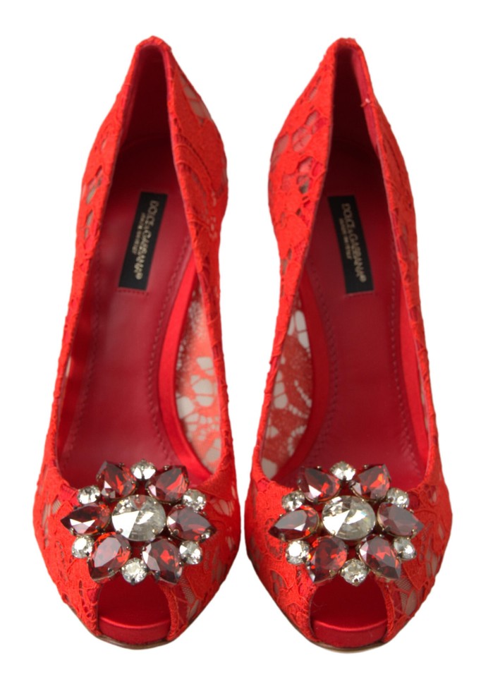 DOLCE & GABBANA Shoes Red Taormina Lace Crystal Heels Pumps EU36.5 ...