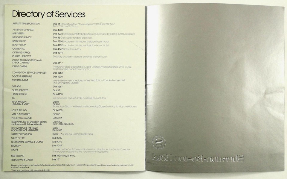 1981 Vintage Room Service & Wine Photo Menu SHERATON BOSTON HOTEL ...