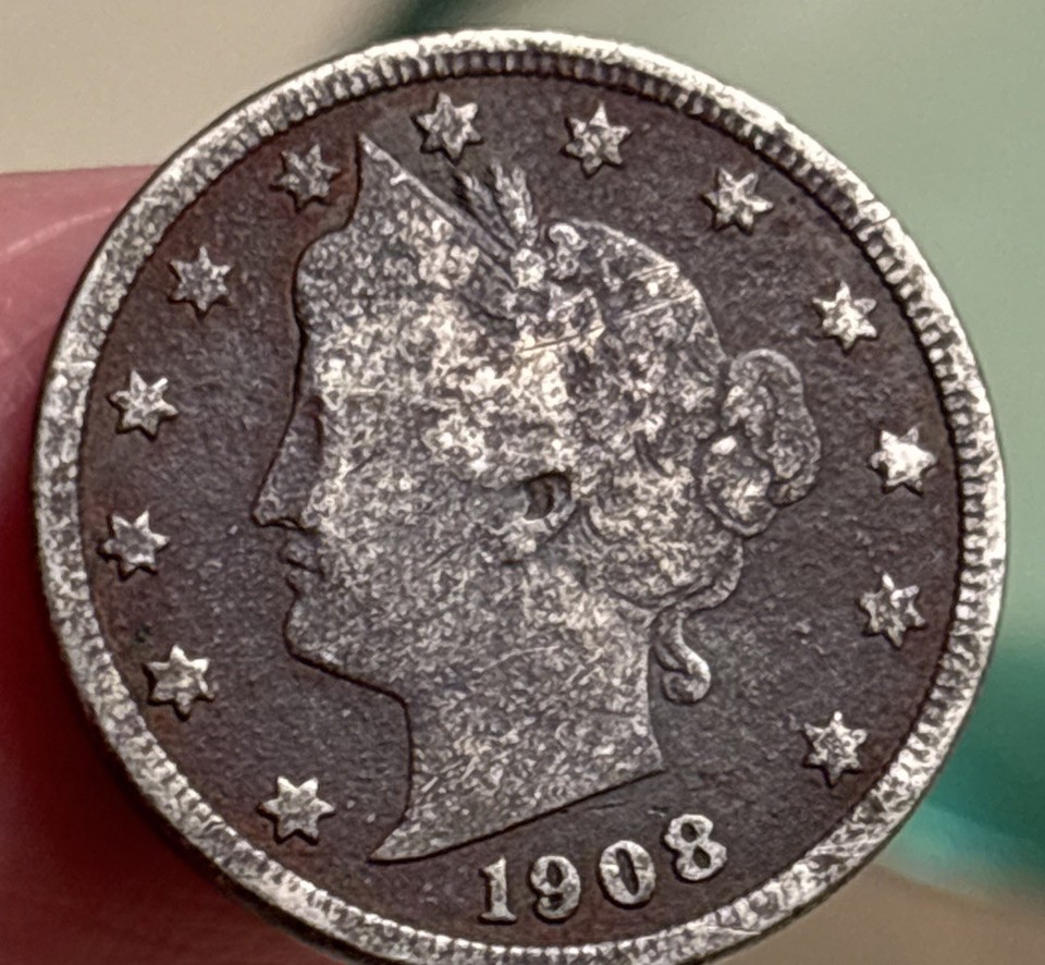 US Coin Lot 4 Each 2-One Cent. 1-Two Cent 1800’s, 1-1908 V Nickel Scrap ...