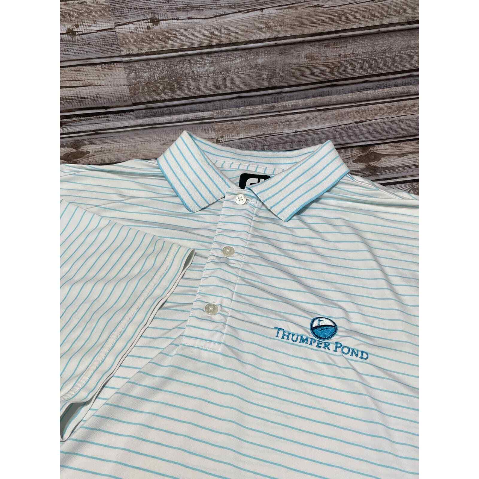 Footjoy Men’s Golf Polo White and Blue Thumper Pond S… - Gem