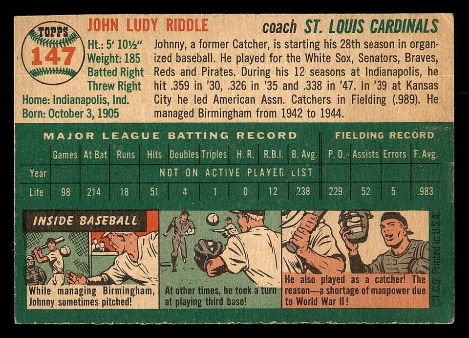 1954 Topps #147 Johnny Riddle CO Scan of the Card You'll receive ...