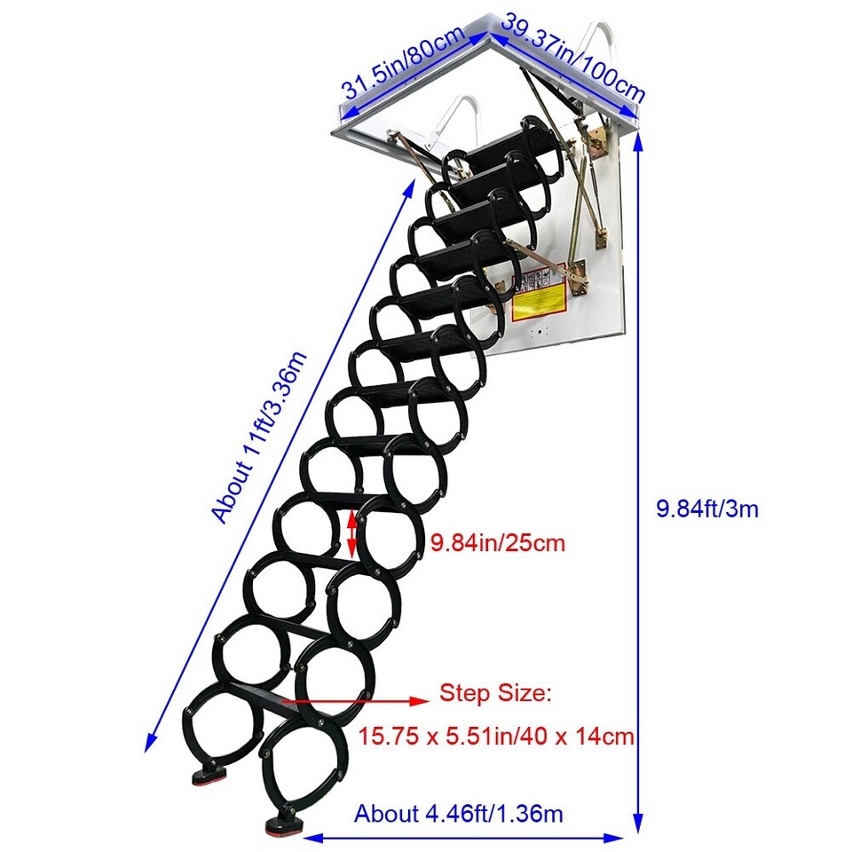 Hidden Telescopic Folding Ladder Black Steel 9.8ft Attic Pull Down ...