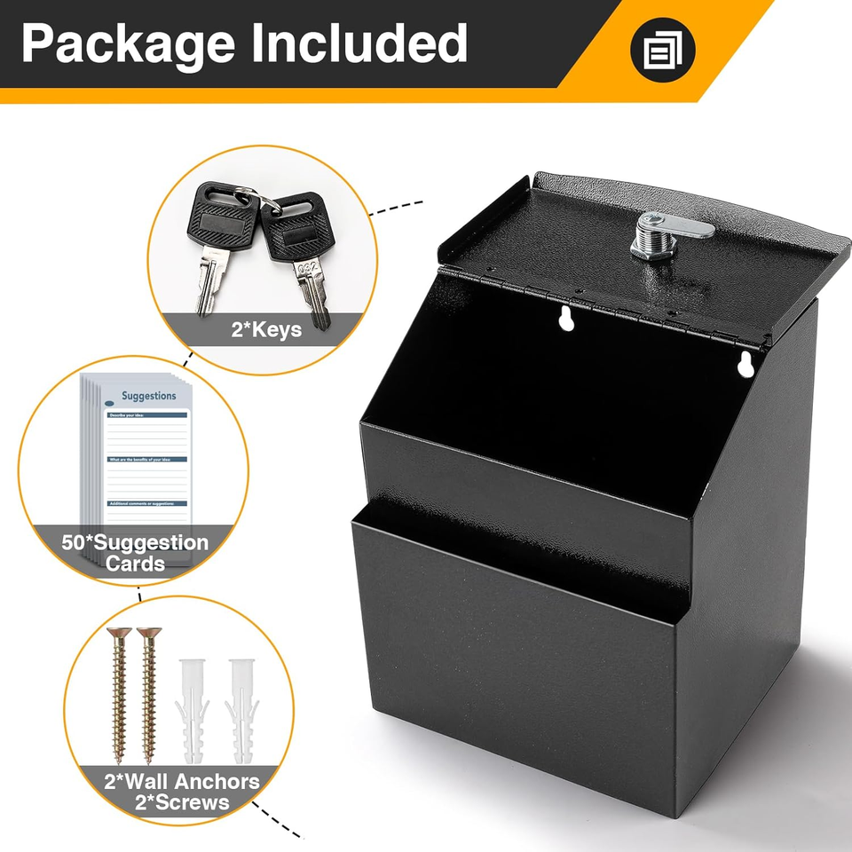 Black Metal Office Suggestion Box Wall Mounted Donation Collection Box ...