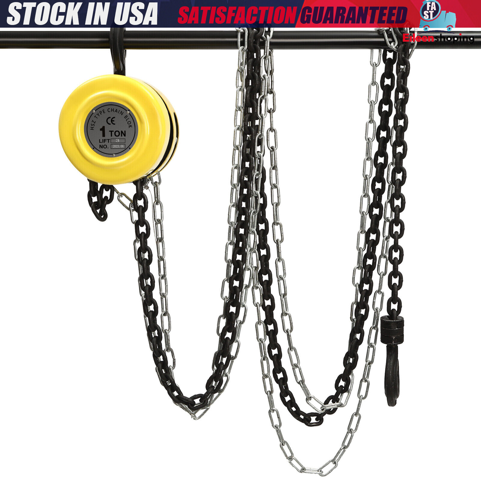 Hand Chain Hoist 1 Ton 2200 Lbs Capacity Manual Chain Fall 10ft Lifting ...
