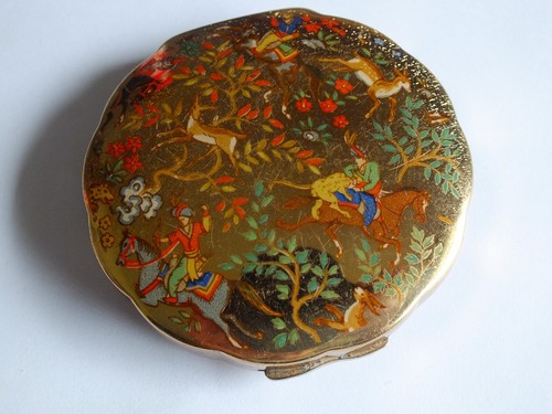 Vintage Iris Ladies Powder Compact Gold Colour Indian Scene Horses ...