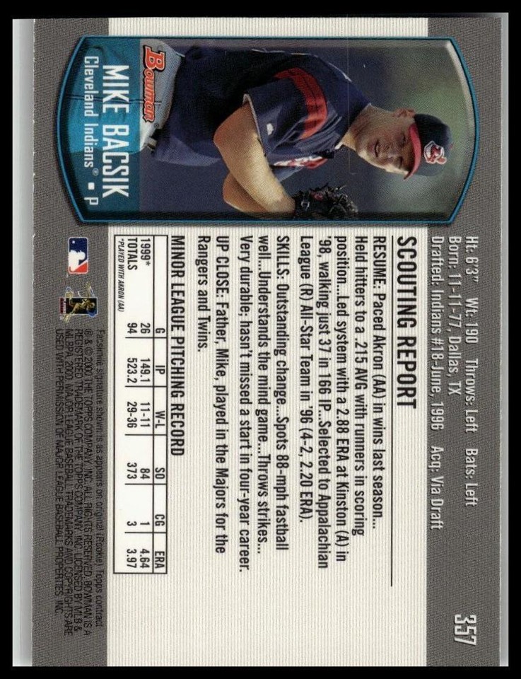 2000 Bowman #357 Mike Bacsik | eBay
