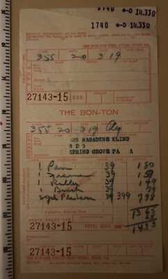 THE BON-TON DEPARTMENT STORE RECEIPT YORK PA ESTABLISHED IN 1898 3/19 ...