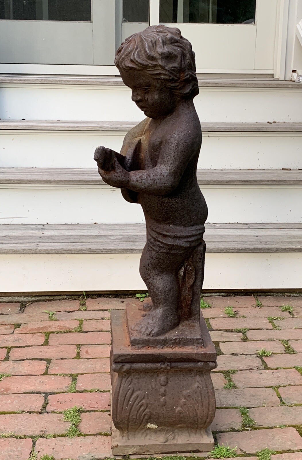 RARE ANTIQUE 100lb CAST IRON BOY PLAYING MANDOLIN LAWN GARDEN STATUE ...