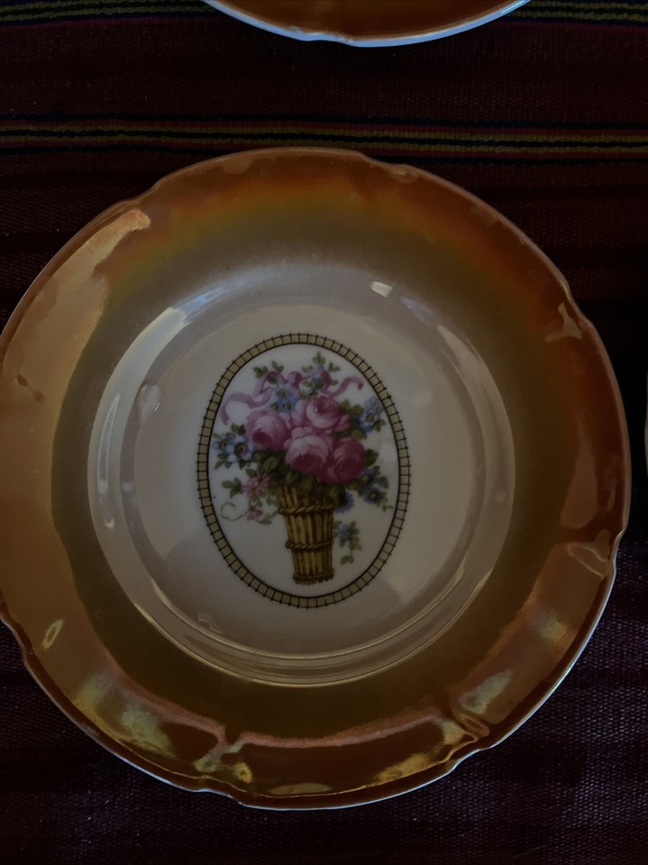 6 Vintage Orange Lusterware Plates Eleanor Germany Floral Rose Basket ...