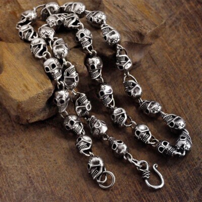 Men's Heavy Silver Plated Skull Head Chain Link Necklace Gothic Punk ...
