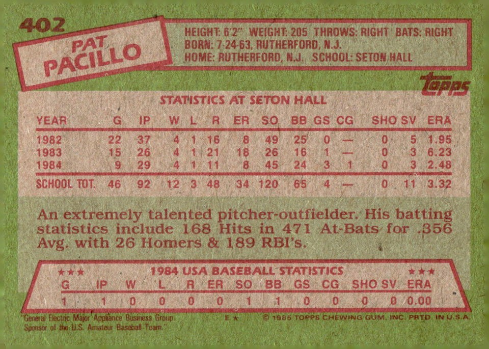 1985 Topps #402 Pat Pacillo - USA Baseball Team | eBay