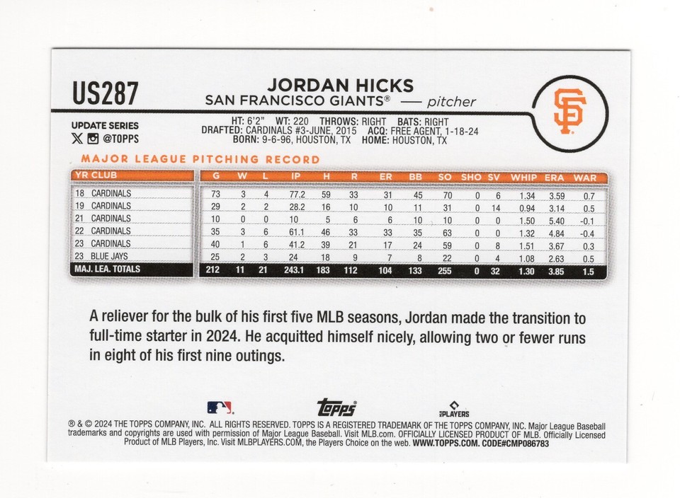 2024 TOPPS UPDATE JORDAN HICKS HOLIDAY HALLOWEEN PARALLEL CARD #US287 ...