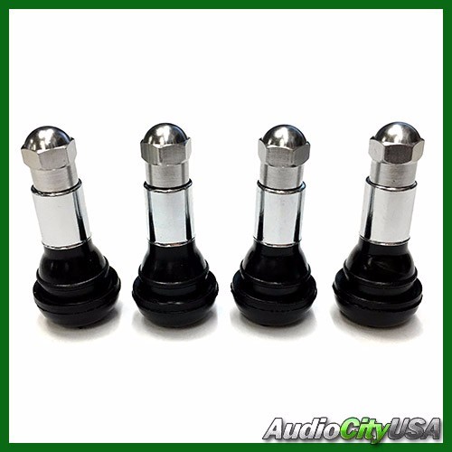 TR413 SNAP-IN TIRE VALVE STEMS WITH CAPS CHROME SLEEVE BLACK RUBBER (4 ...