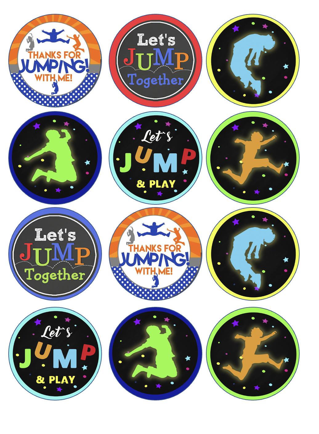 set of 12 trampoline party, edible paper, cupcake cookie toppers CHOOSE ...