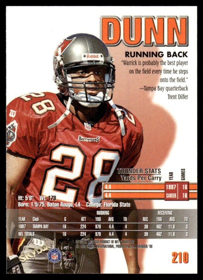 1998 Skybox Thunder WARRICK DUNN #210 Buccaneers FREE Ship! | eBay