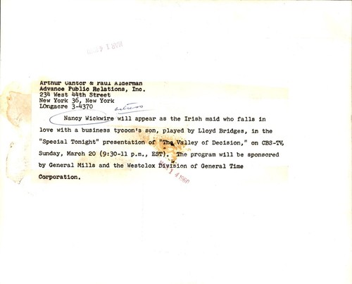 LD280 1960 Original Photo NANCY WICKWIRE The Valley of Decision Pretty ...