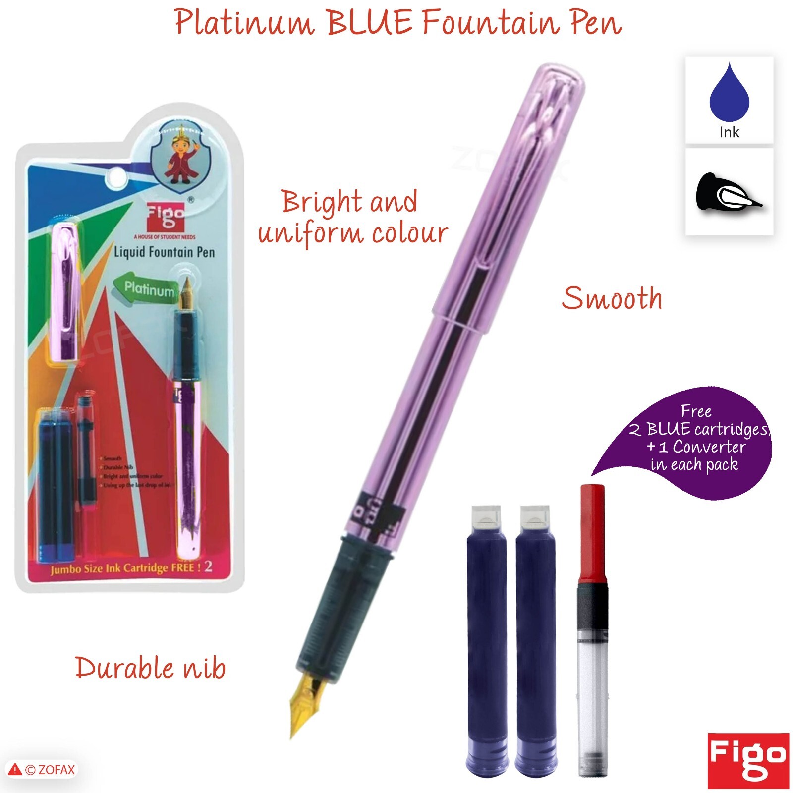 BLUE Liquid Fountain Ink Pen Durable Nib FIGO Platinum Soft Pen ...