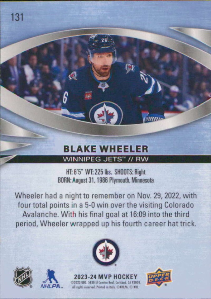 Blake Wheeler 2023-24 Upper Deck MVP #131 NHL Winn Jets ID:79218 | eBay