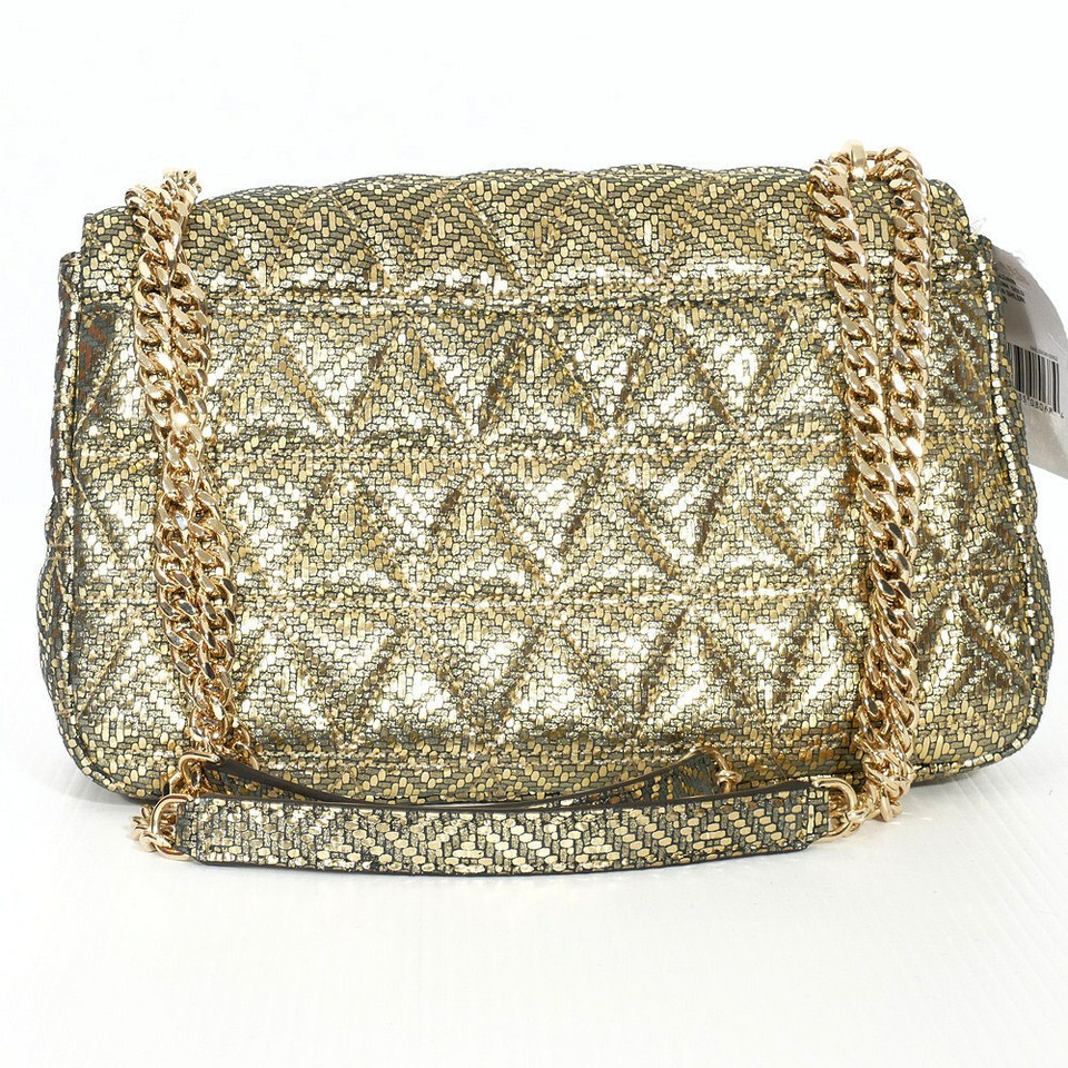 MICHAEL KORS Gold Metallic Sloan Quilted Pyramid Large Chain Shoulder ...
