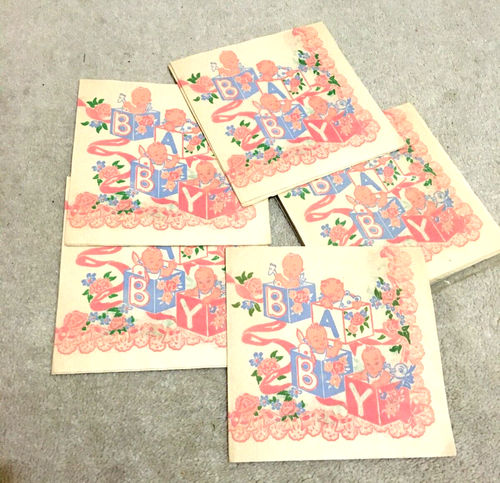 13 Vintage Individual Paper 7” BABY Napkins, Babies, Blocks, Toys, Pink ...