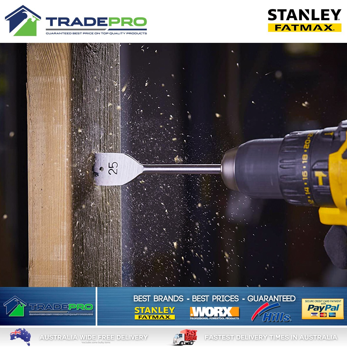 Spade Drill Bit Set Stanley Fatmax 8pc Wood Flatwood 12mm to 32mm Kit ...