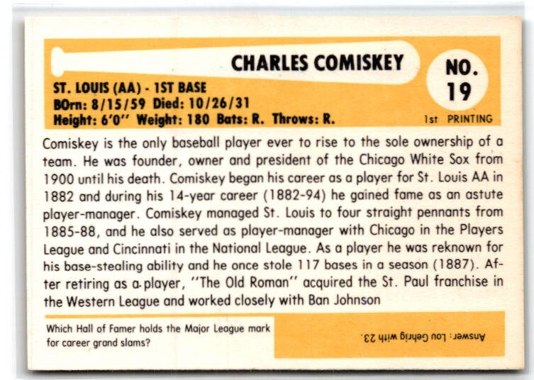 1980s SSPC Baseball Immortals 1st Printing Charles Comiskey #19 | eBay