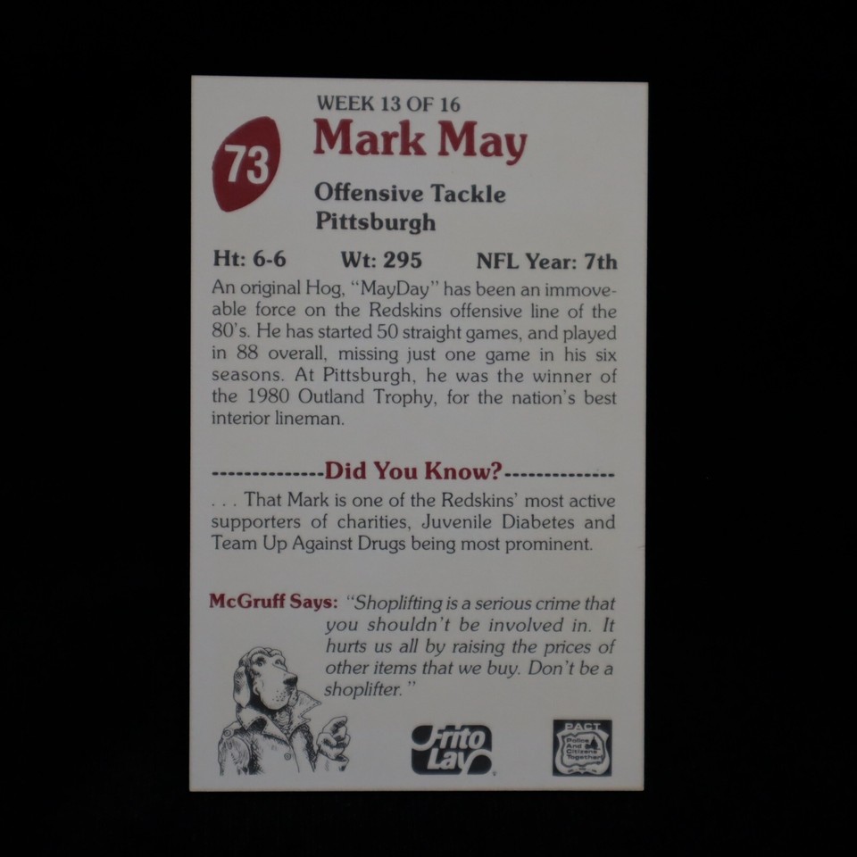 1987 Mark May Washington Redskins McGruff Frito Lay Police Card #73 | eBay