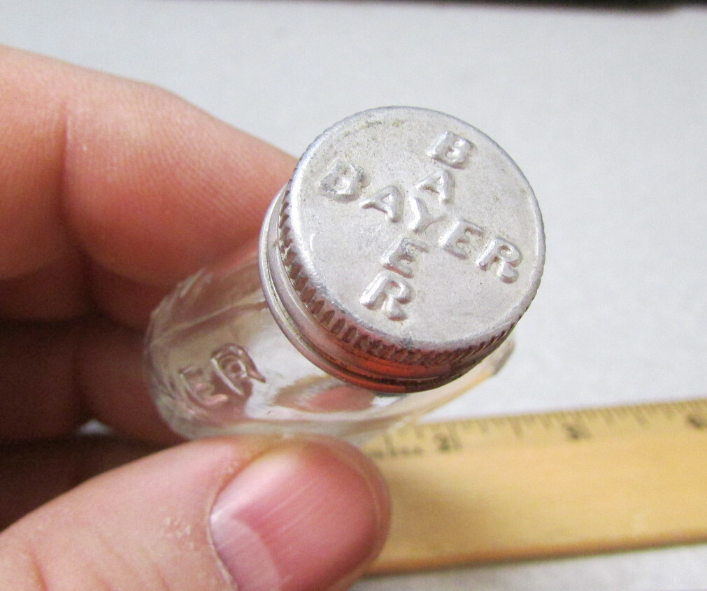 vintage Bayer Aspirin glass bottle (empty), embossed on sides, silver ...