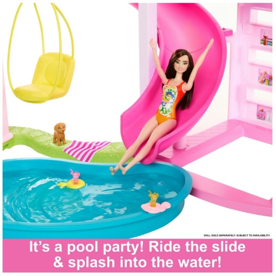 Barbie Dreamhouse, 75+ Pieces, Pool Party Doll House with 3 Story Slide ...