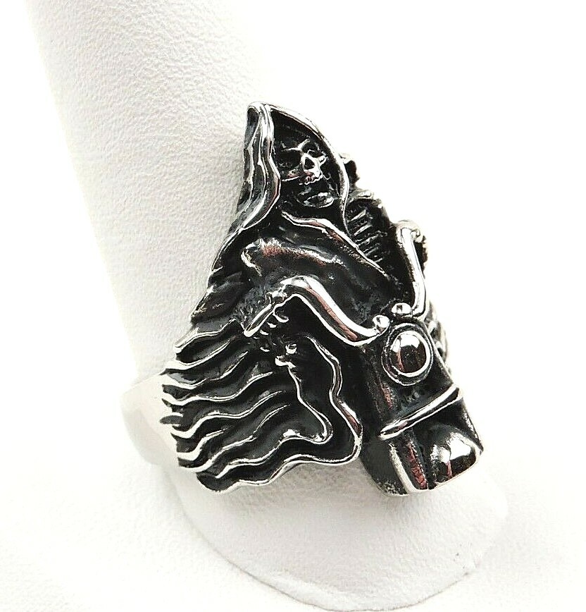 Stainless Steel Grim Reaper Riding A Bike With Flames Biker Ring | eBay