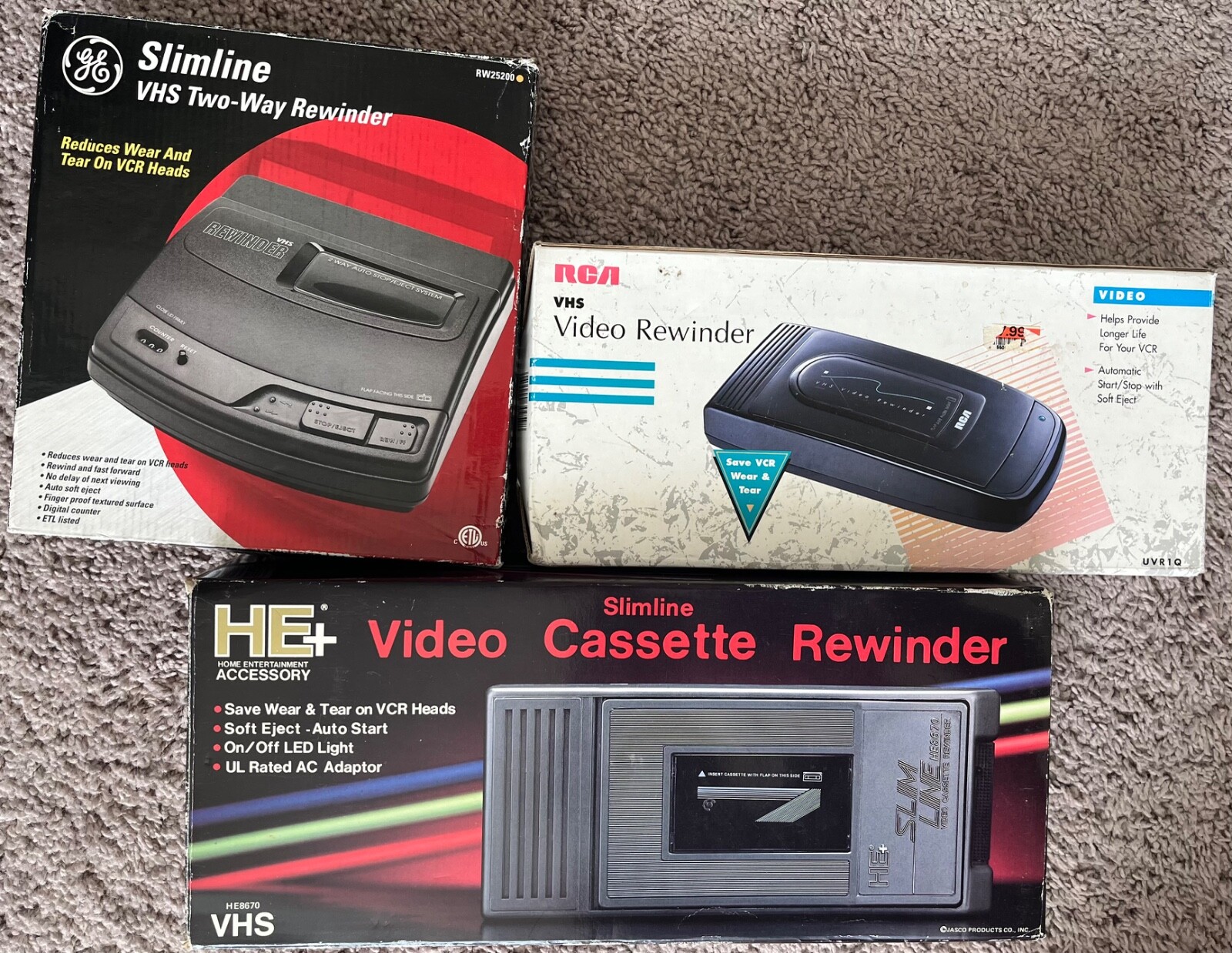 Lot 3 VHS tape rewinders CIB retro vintage GE, RCA, HE brands | eBay