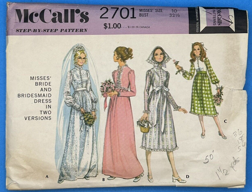 Wedding Dress Bridesmaid Gown Pattern McCall's 2701 10/32.5 1970 ...