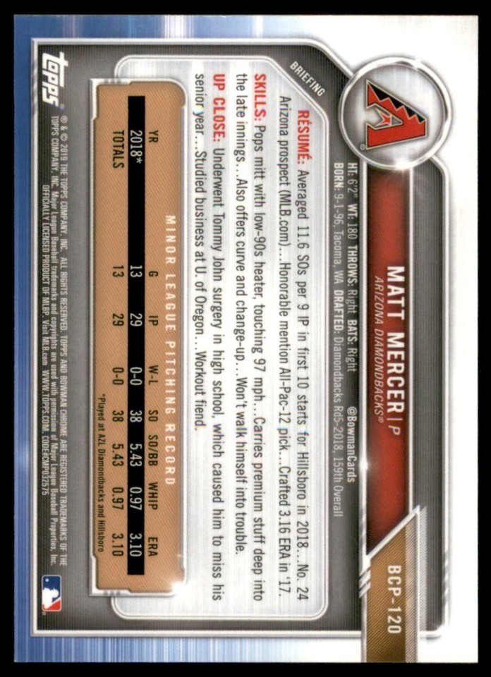 2019 Bowman Chrome Prospects Atomic Refractors #BCP120 Matt Mercer | eBay