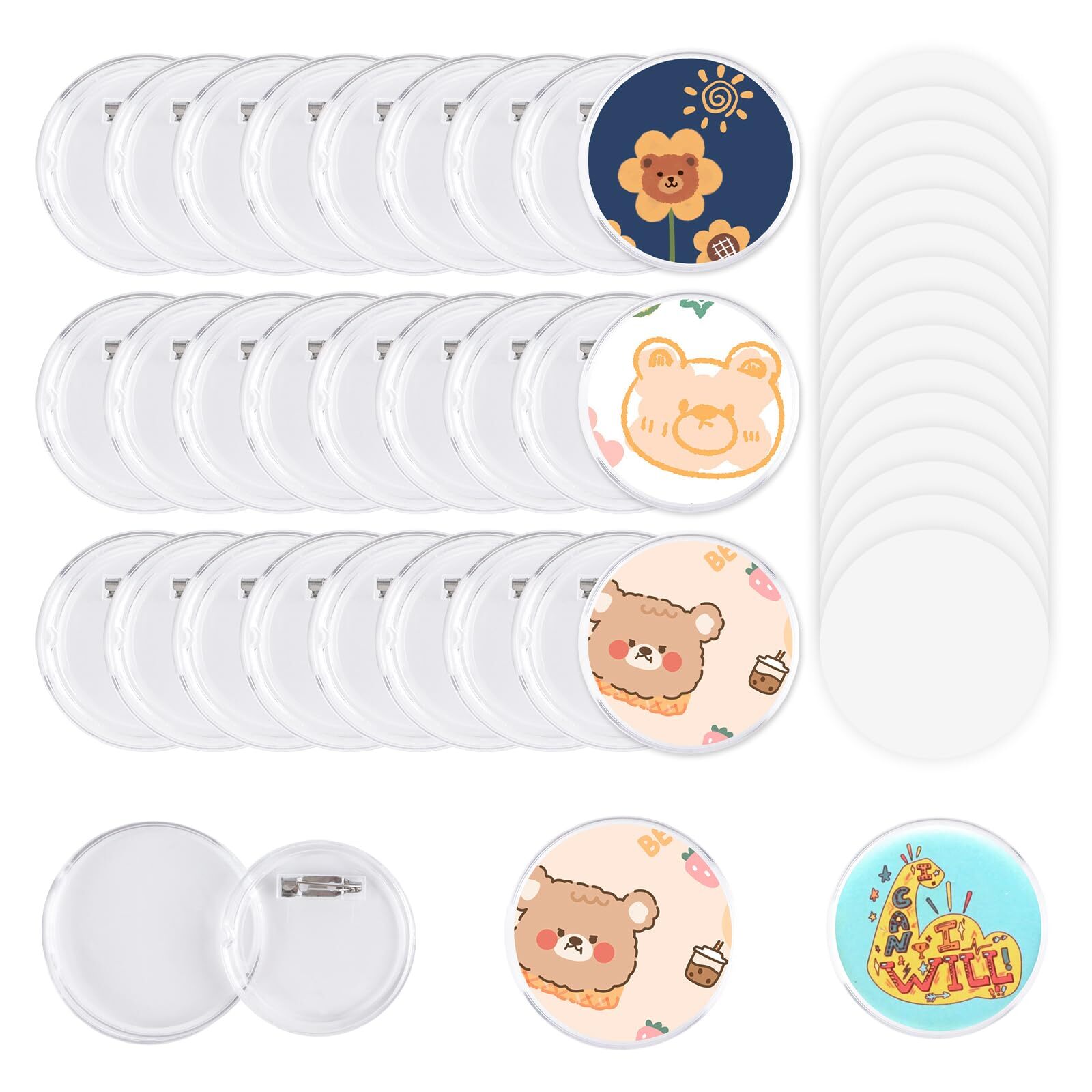 50 Pack Acrylic Button Pins Badge 50mm/1.97 Inch Clear Pins Buttons Kit ...