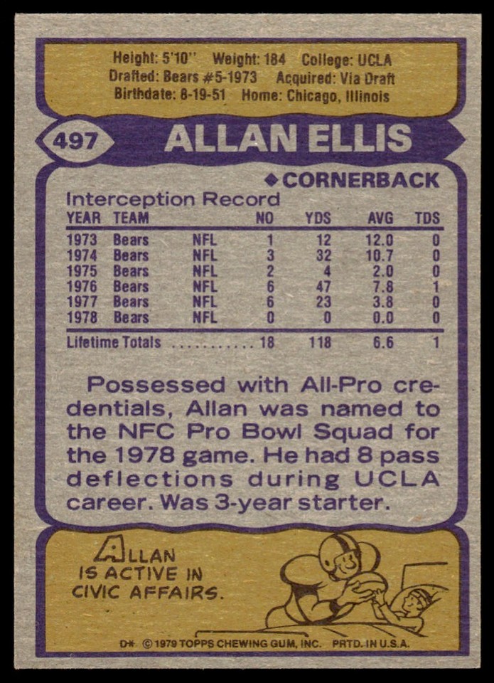 1979 Topps Allan Ellis Chicago Bears #497 | eBay